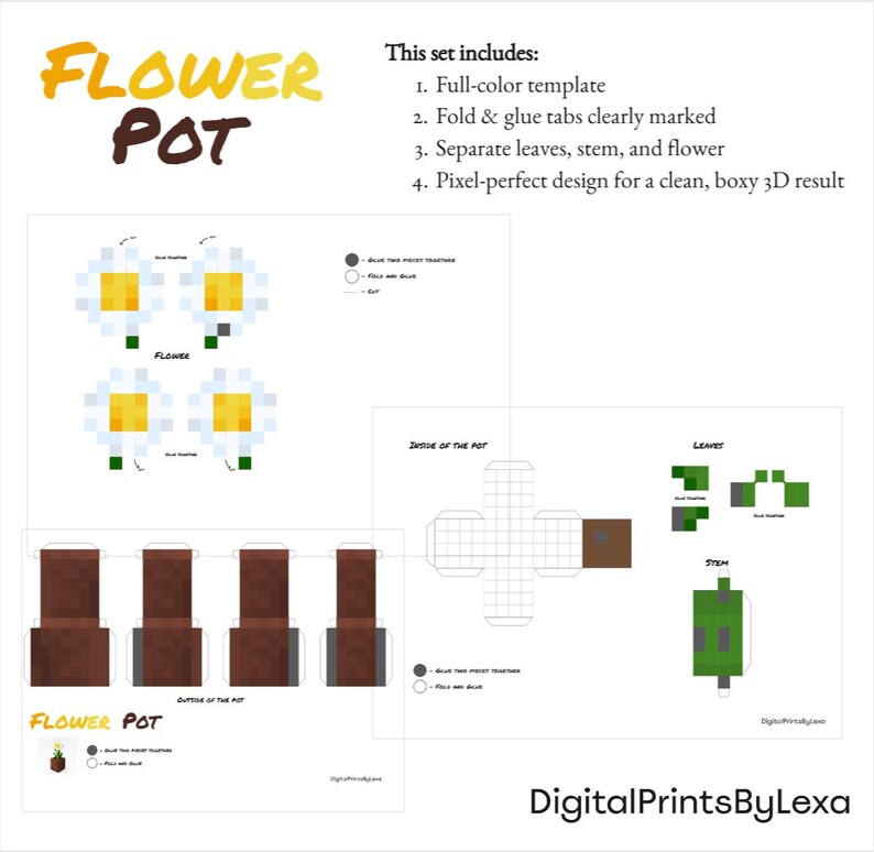 Flower Pot Papercraft Template – DIY 3D Pixel Paper Model PDF, Kids ...