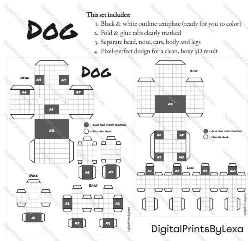 Dog Papercraft Template Color Yourself – DIY 3D Pixel Puppy Paper Model ...