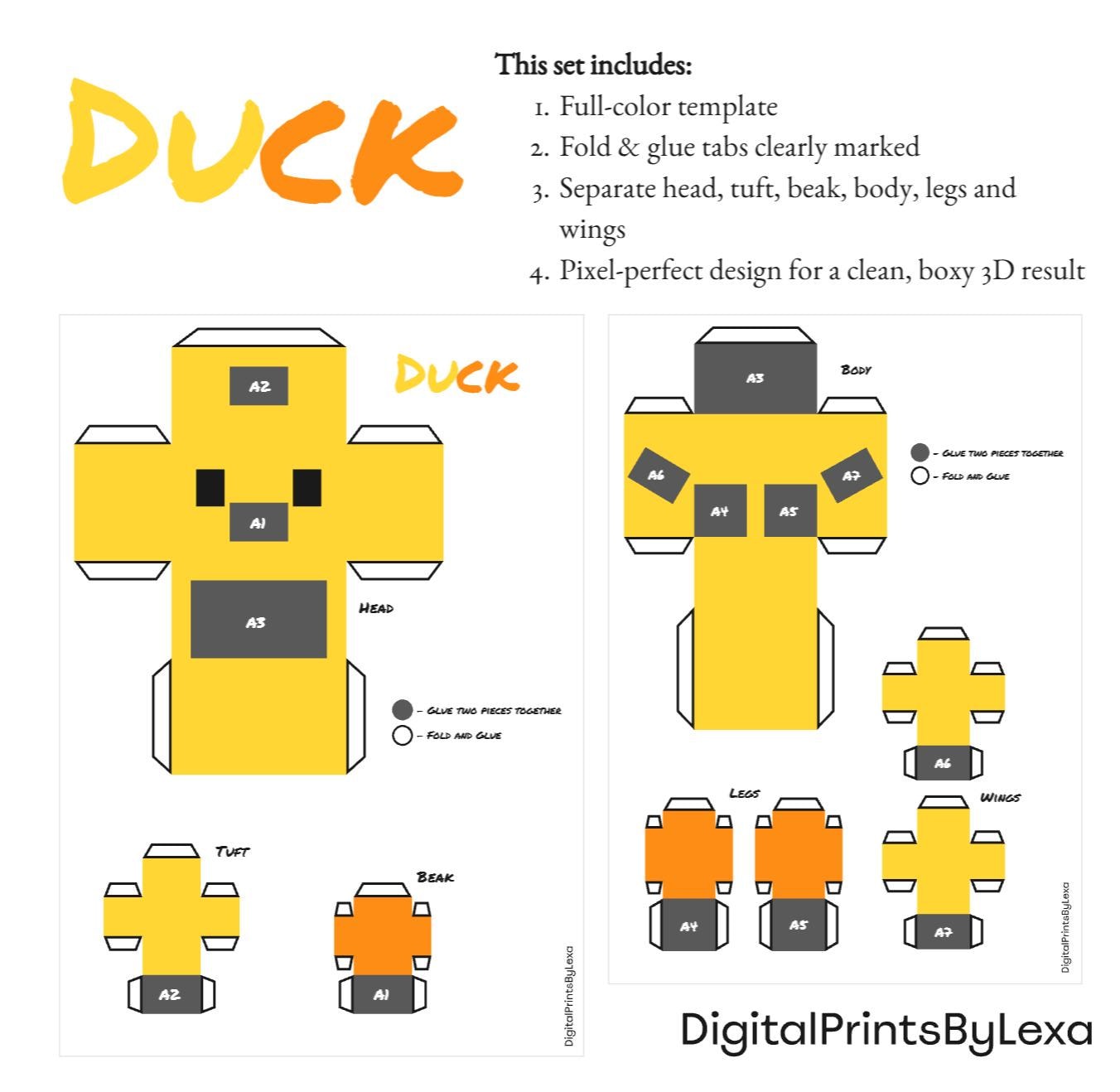Duck Papercraft Template – DIY 3D Pixel Paper Animal PDF/SVG, Kids ...