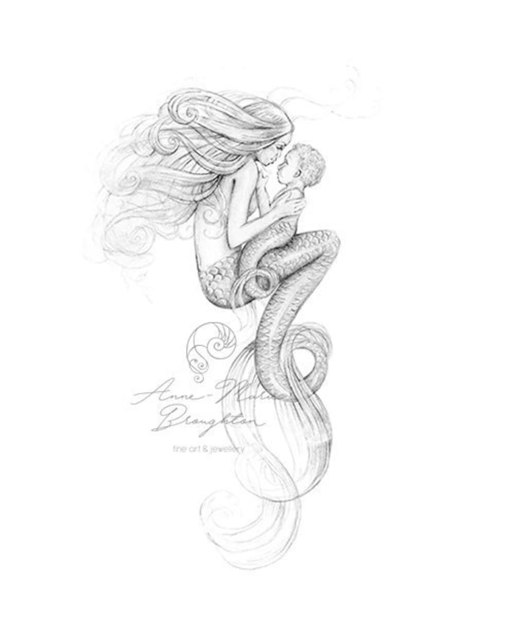 PRINT Mother Mermaid and Baby Art Unframed Graphite Pencil Drawing ...