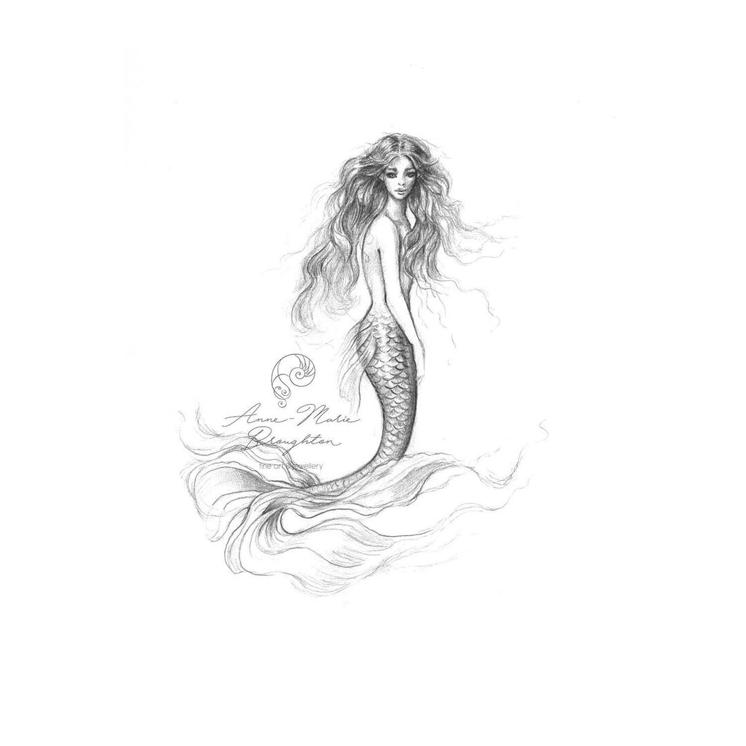 PRINT Mermaid's Wish Unframed Graphite Pencil Drawing Black and White ...