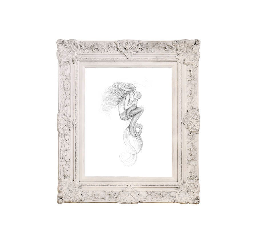 PRINT Mother Mermaid and Baby Art Unframed Graphite Pencil Drawing ...