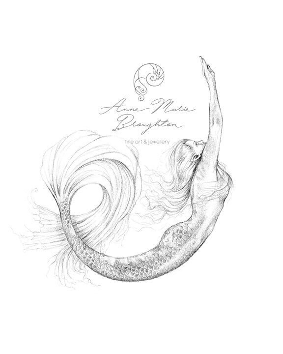 PRINT Mermaid Rise Swimming Underwater Art Pencil Drawing - Etsy