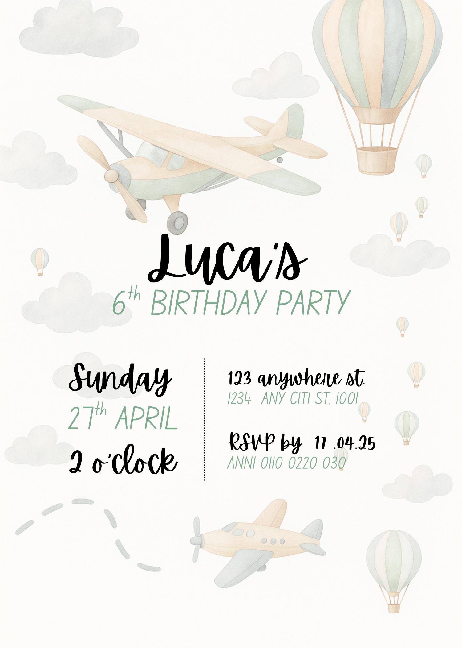 Airplane Birthday Invitation Template | Vintage Plane Party Invite ...