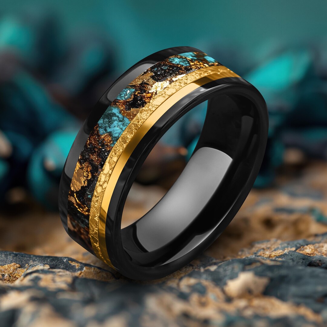 Black Wedding Ring, Mens Turquoise Opal Ring, 8mm Tungsten Wedding Band ...