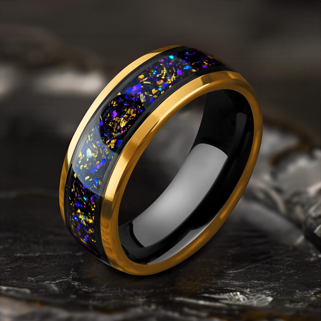 Gold Tungsten Ring: Opal Nebula Inlay, Comfort Fit, Wedding Band - Etsy
