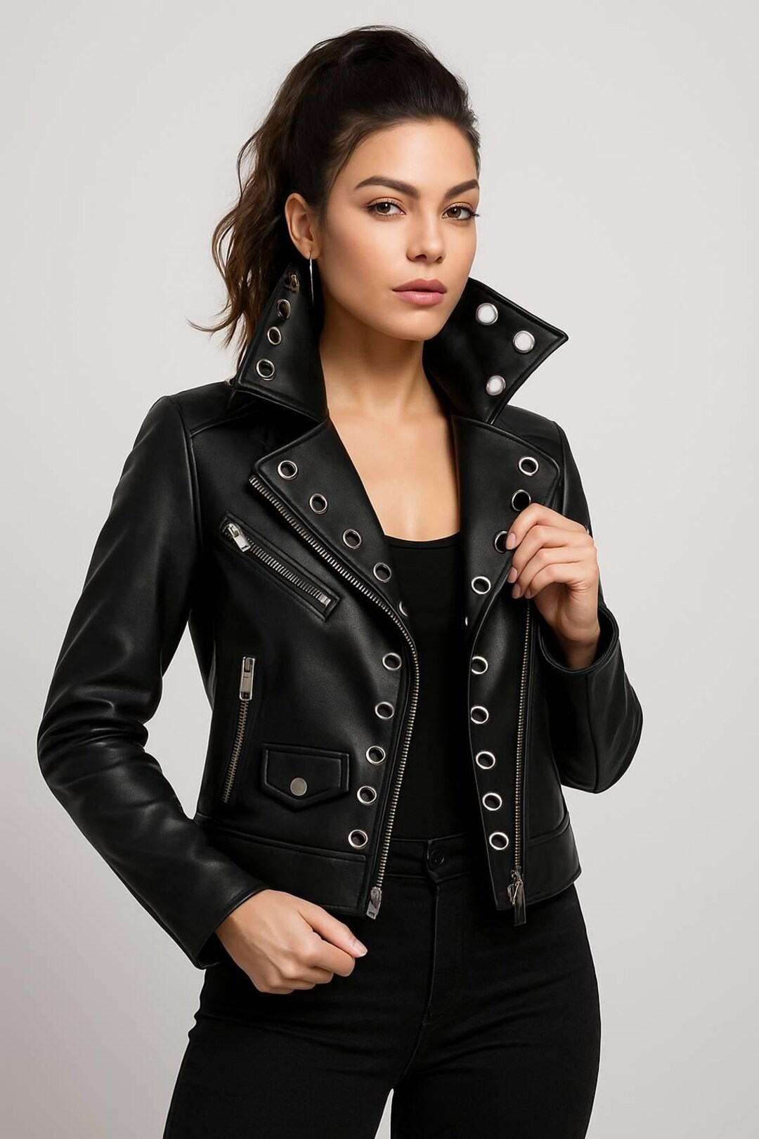 Bold Eyelet Detail Black Biker Jacket – Edgy Street Style| Leather ...