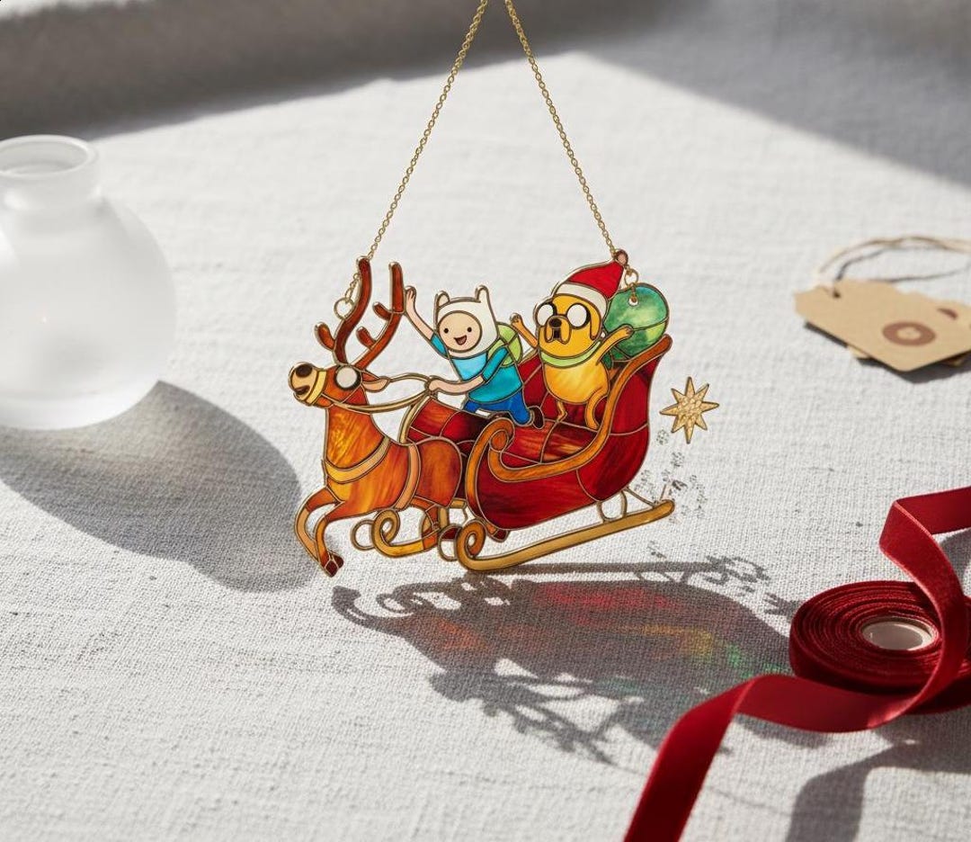 Cartoon Finn and Jake Christmas Sleigh Suncatcher, Faux Stained Glass ...