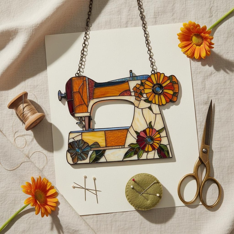 Vibrant Stained Glass Sewing Machine Resin Suncatcher, Unique Crafter's ...