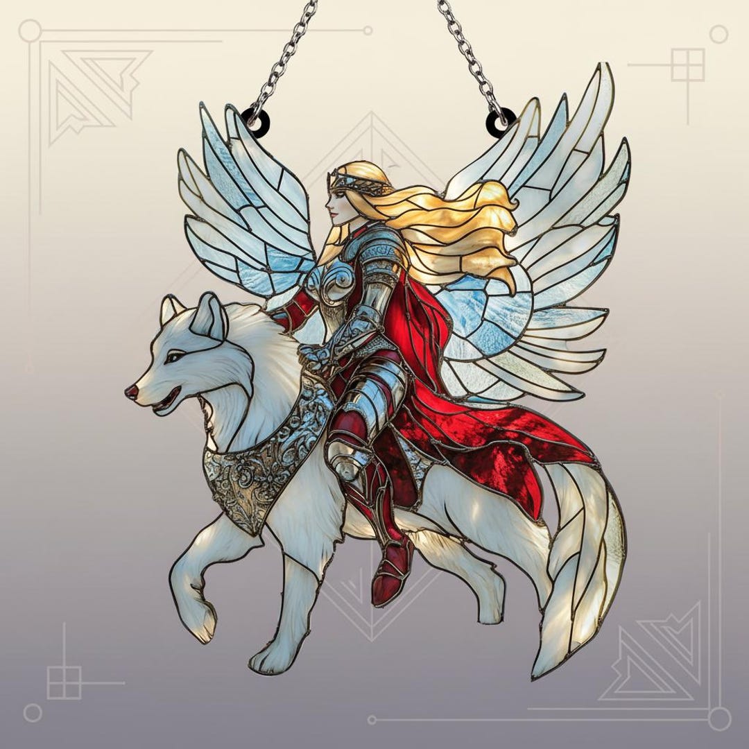 Valkyrie and Wolf Faux Stained Glass Suncatcher Norse Mythology ...
