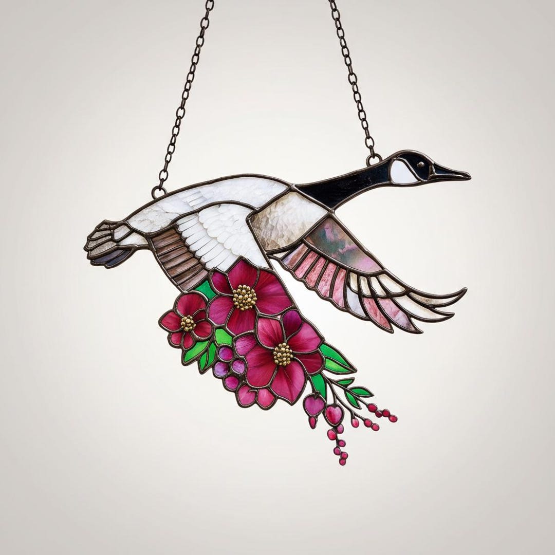 Flying Goose Suncatcher With Flowers | Elegant Wildlife Faux Stained ...