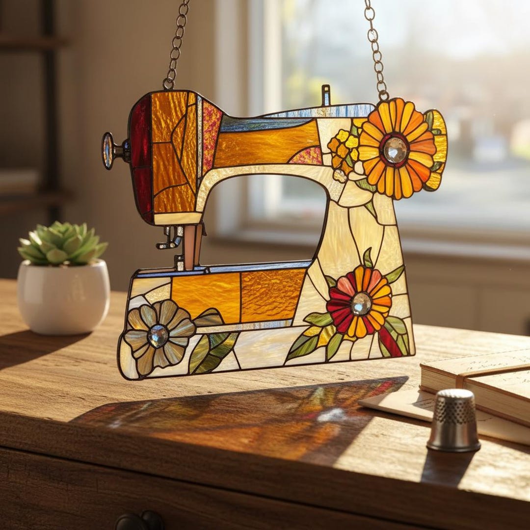 Vibrant Stained Glass Sewing Machine Resin Suncatcher, Unique Crafter's ...