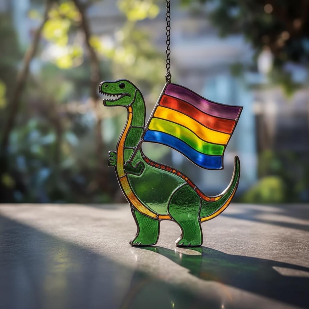 Cute Dinosaur Pride Flag Resin Suncatcher, Faux Stained Glass Window ...