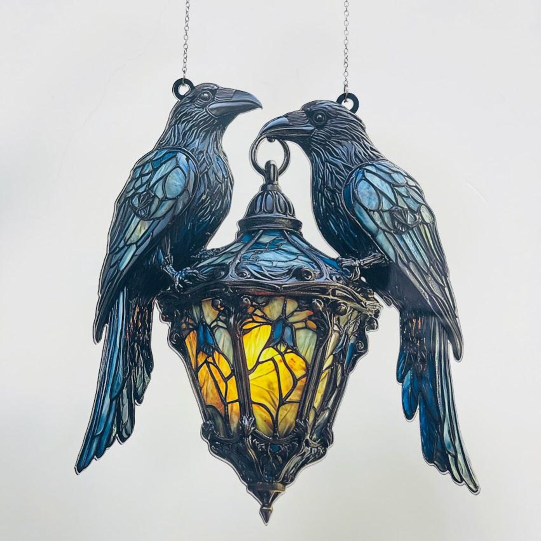 Raven Lantern Faux Stained Glass Acrylic Suncatcher Window Hanging ...