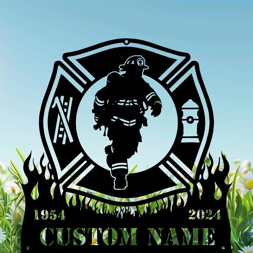 Personalized Fireman Memorial Metal Stake, Firefighter Badge ...