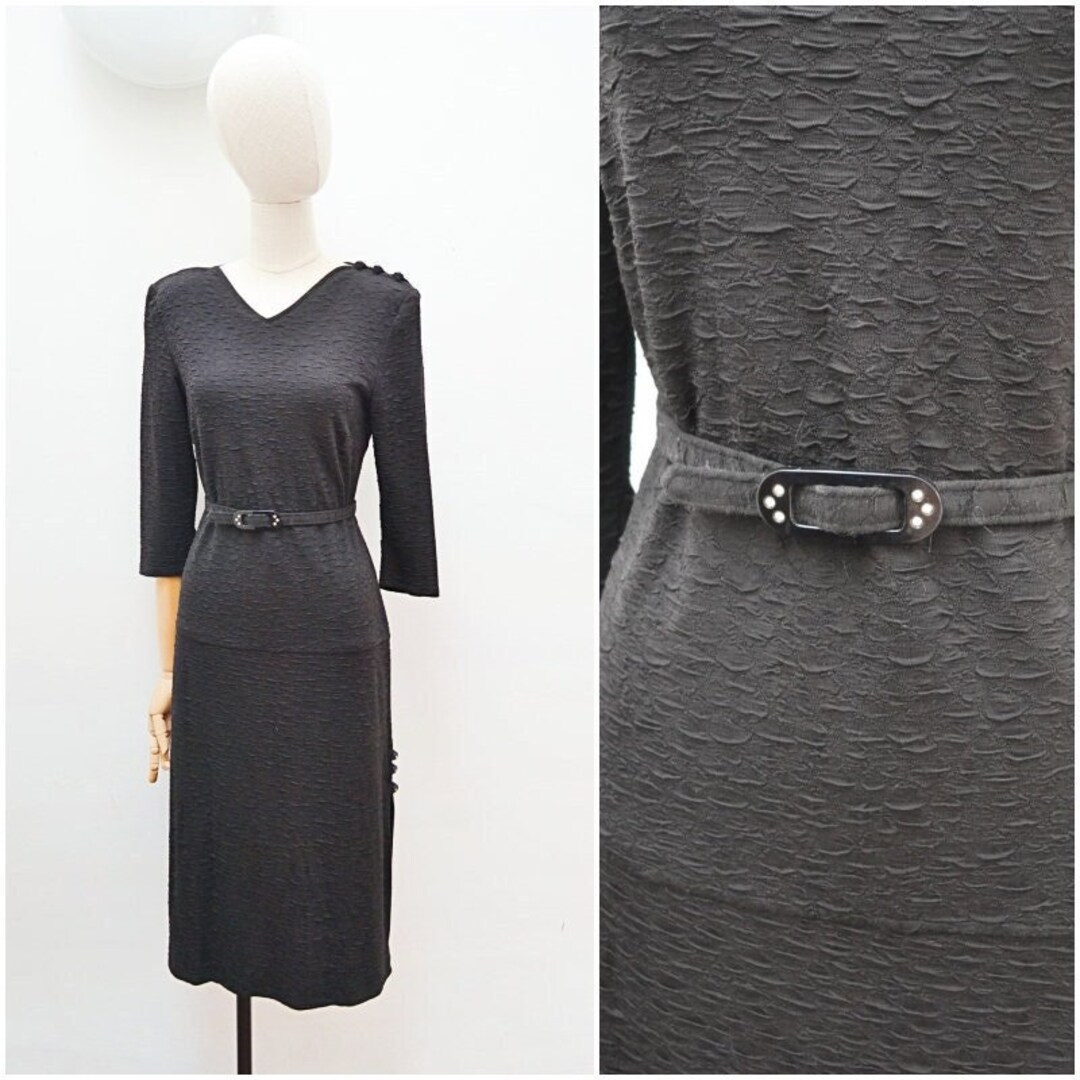 1970s Side Split Rhinestone Dress, 70s Belted 3/4 Sleeve Wiggle, Smart ...