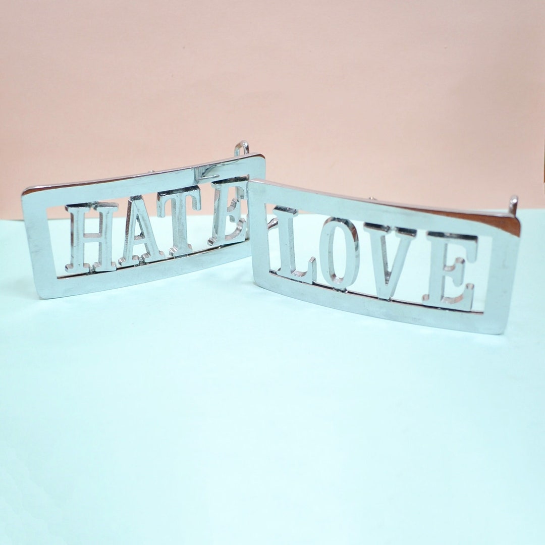 1980s Hate & Love Signed BBB Belt Buckles, 80s 90s Novelty Metal Belt ...