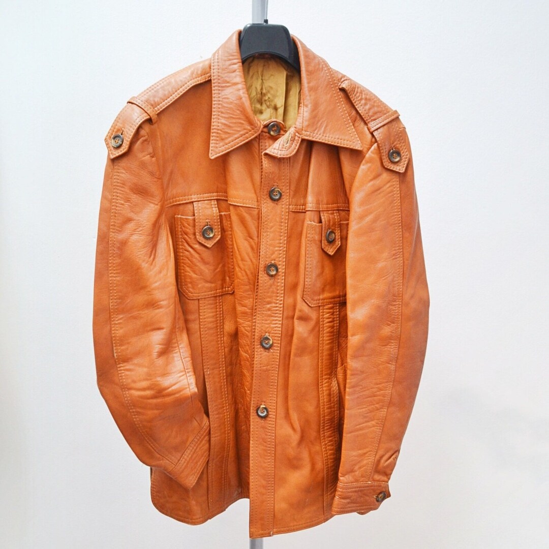 1970s Leather Ginger Brown Jacket, 70s Soft Epaulet Mens Coat, Retro ...