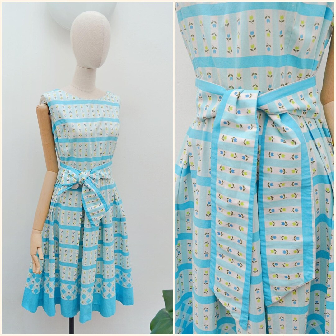1960s Tulip Print Day Dress, 50s Printed Floral Full Skirt Sundress ...