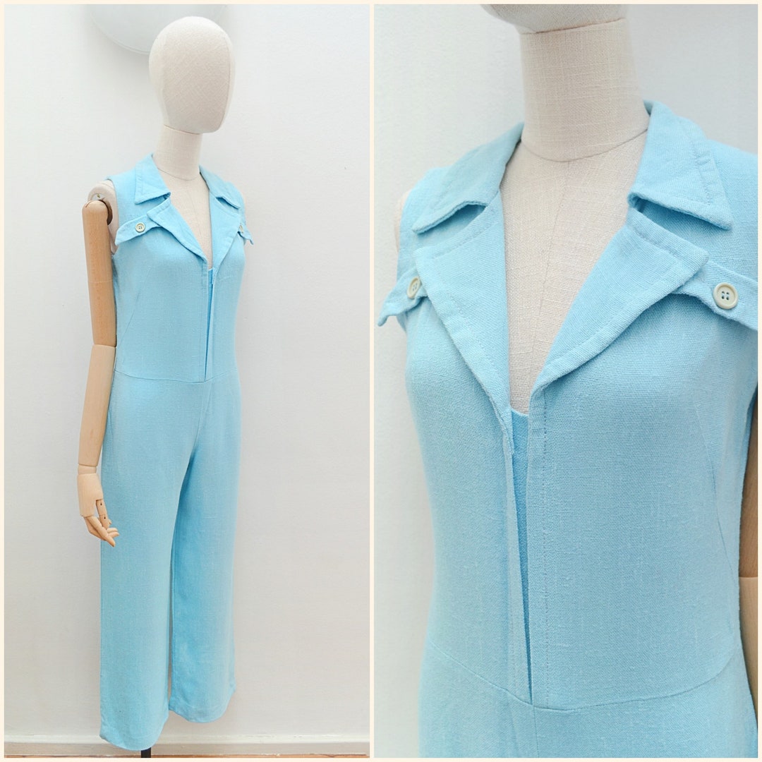 1970s Jaeger Wide Leg Jumpsuit, 70s Sleeveless Linen Collared Playsuit ...