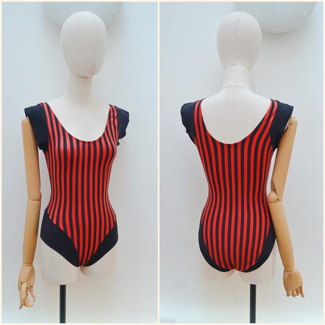 1970s Vertical Stripe Cotton Mix Leotard, 70s Stripy Retro Workout ...