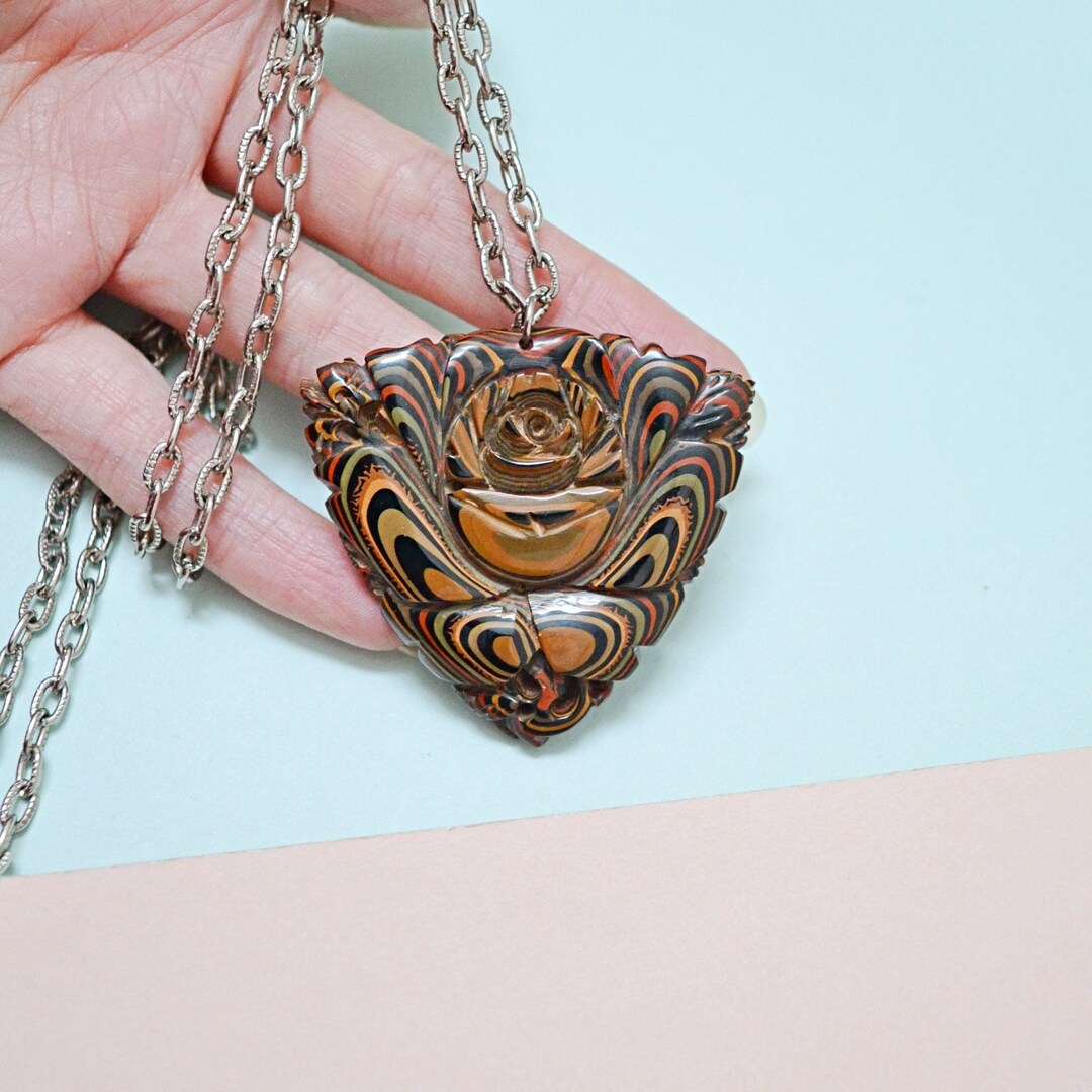 1940s Carved Iro Urushi Pendent, 1940s Long Camouflage Bakelite ...