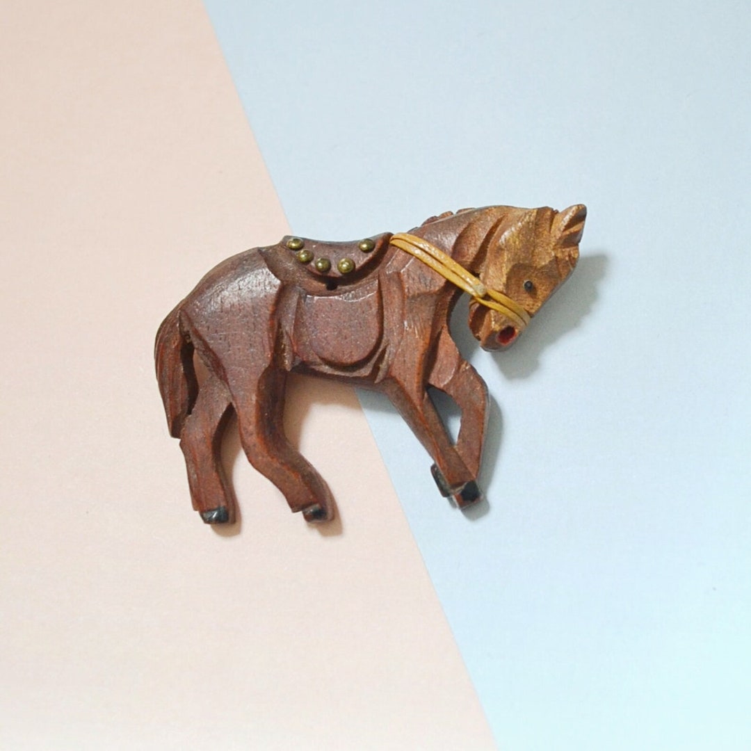 1940s Carved Wooden Horse Brooch, Bakelite Era Wood Studded Donkey, 30s ...