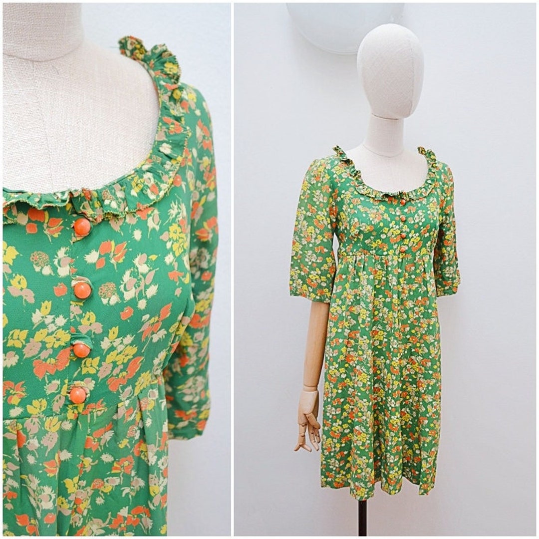 1930s Rayon Ruffle Summer Dress, Flower Print Empire Line Daywear ...