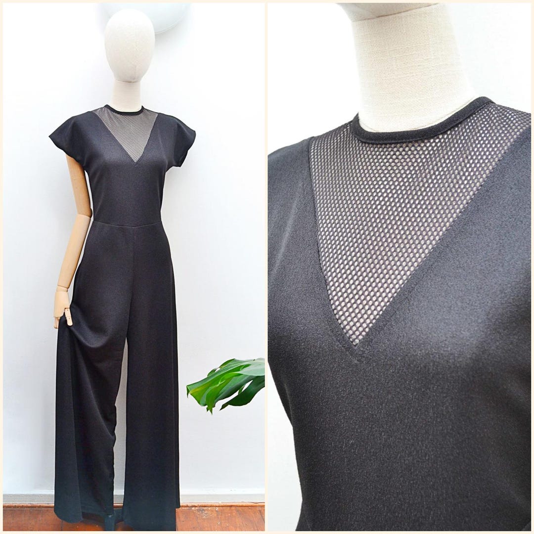 1970s Fishnet Sheer Neck Jumpsuit, 70s Wide Palazzo Leg Catsuit, Smart ...