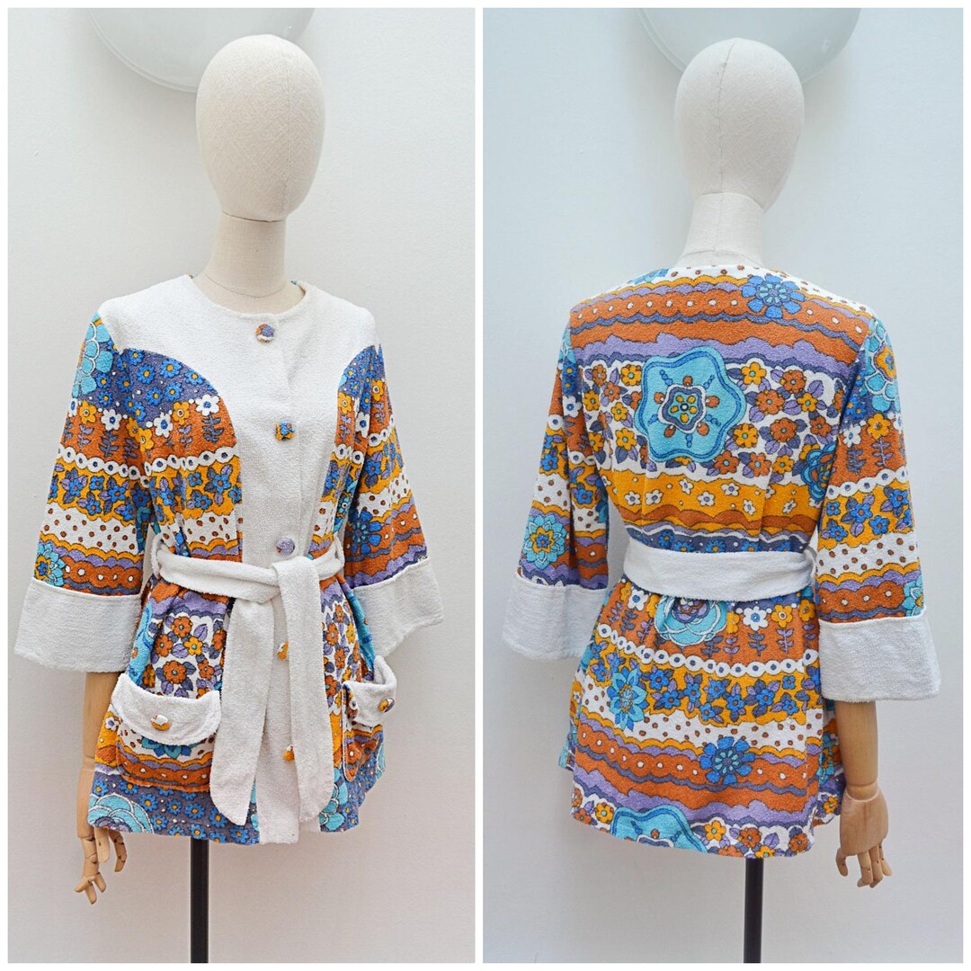 1970s Printed Towelling Beach Coverup, 70s Swim Robe With Pockets, Tie ...