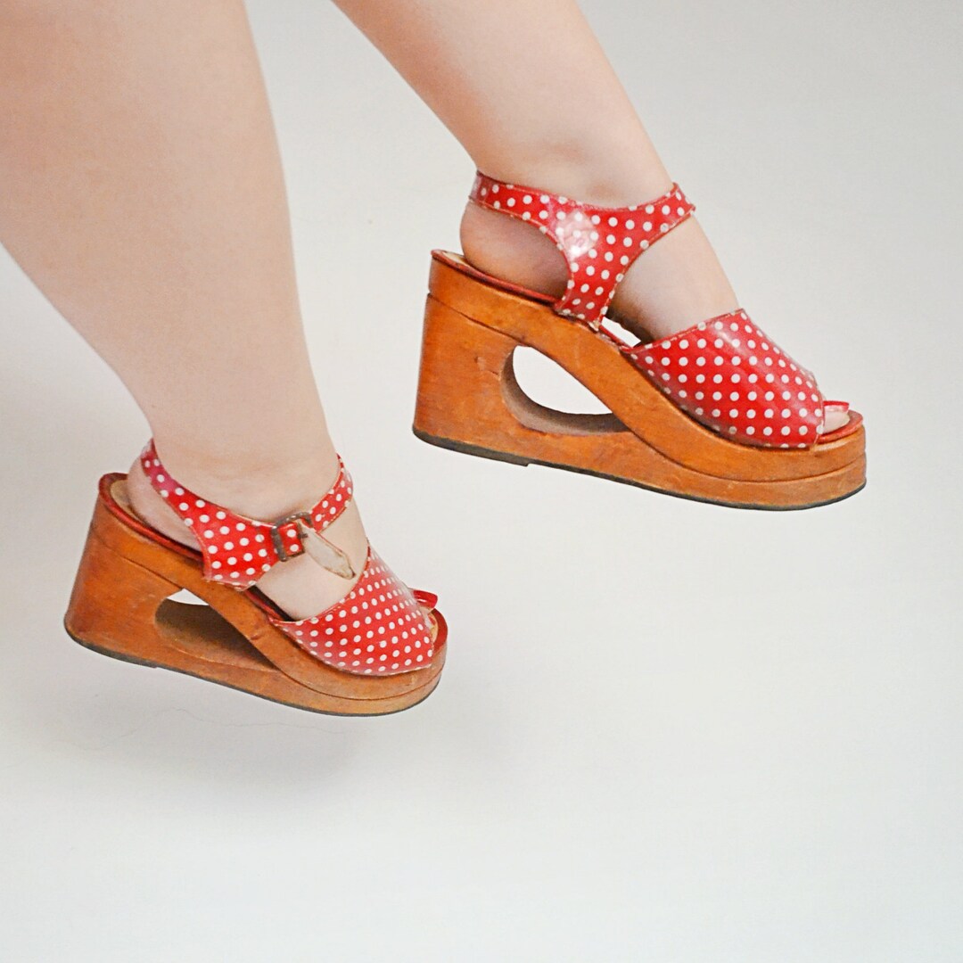 1970s Carved Wooden Vinyl Platforms, 70s Peep Toe Chunky Wedges, Spotty ...