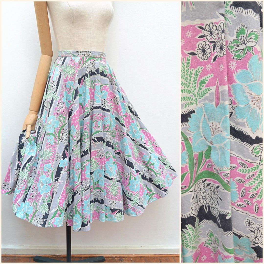 1950s Printed Cotton Circle Skirt, 50s Graphic Print Circular Midi ...