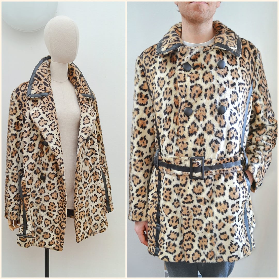 1970s Mens Leopard Print Belted Coat, 70s Faux Fur Unfitted Peacoat ...