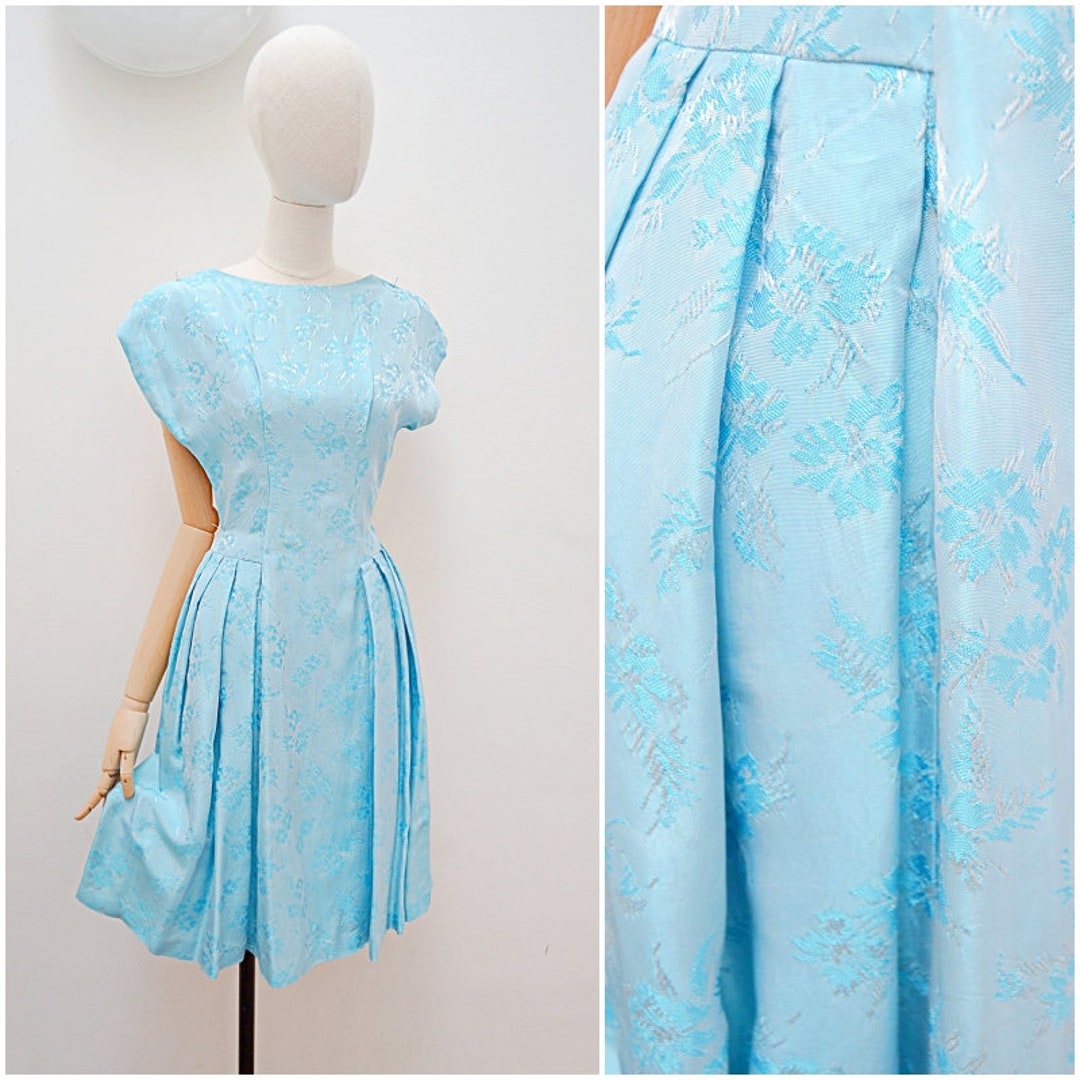 1950s Satin Patterned Cocktail Dress, 50s Full Skirt Slash Neck ...