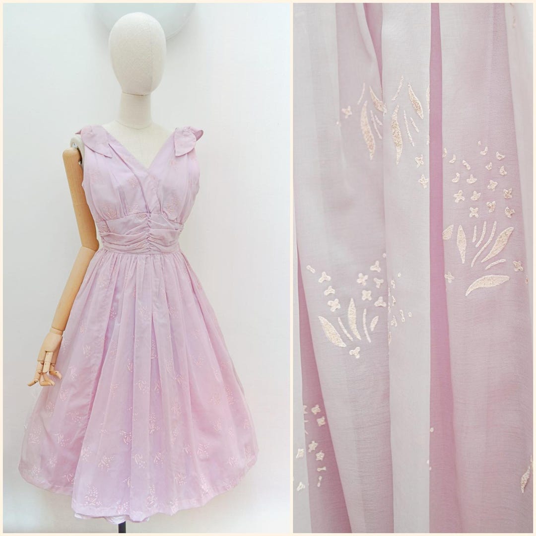 1950s Glitter Printed Prom Dress, 50s Full Skirt Party Dress, Pastel ...
