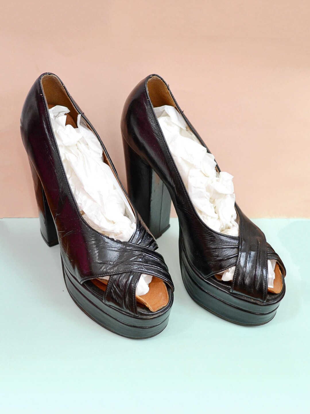 1970s Black Leather Platform Heels, 70s Peep Toe Chunky Shoes, Evening ...