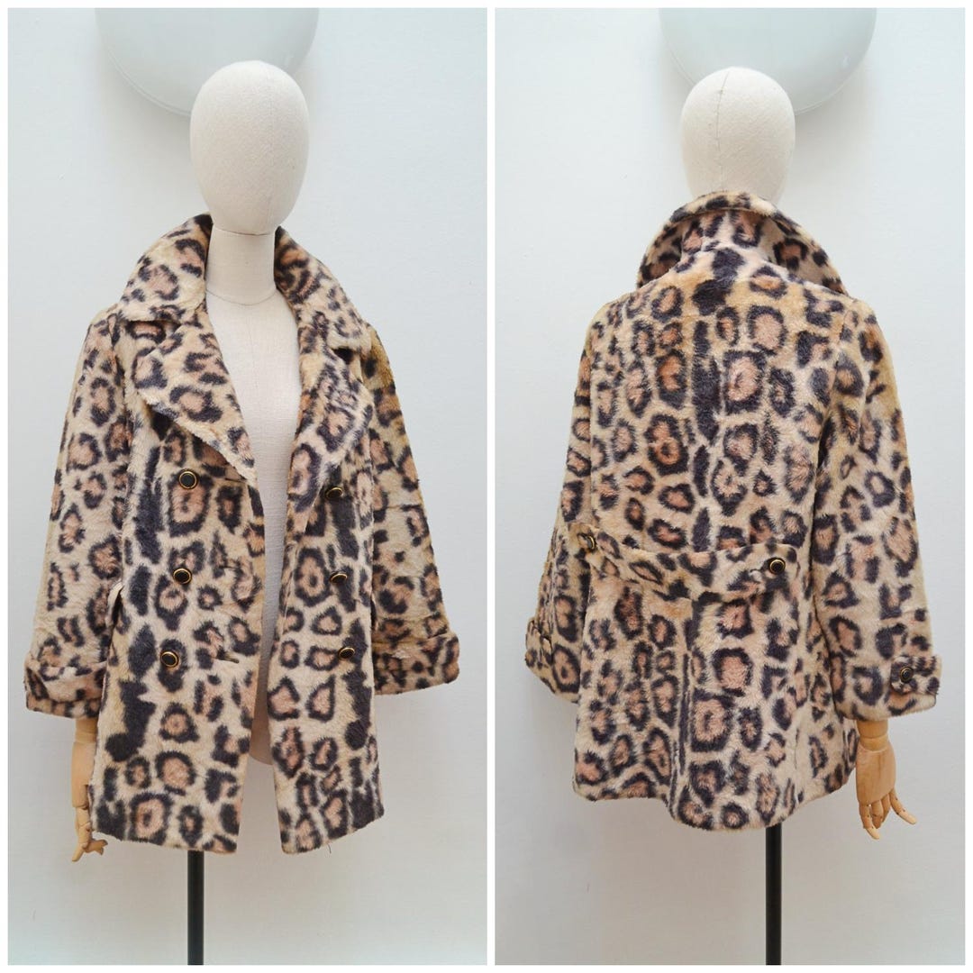 1960s Ocelot Print Faux Fur Short Coat, 60s Animal Printed Furry Long ...