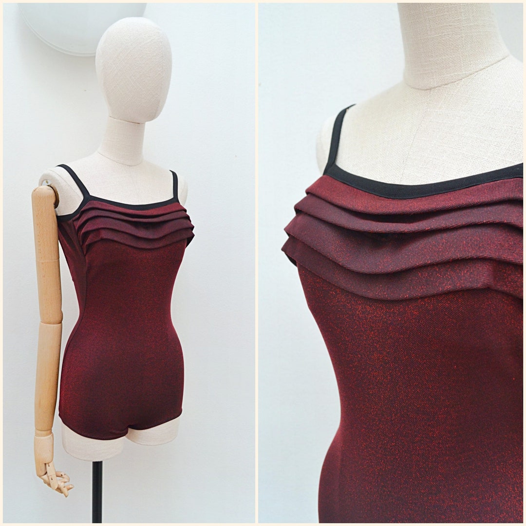 1960s Dark Red Lurex Swimsuit, 60s Low Back Bathing Costume, Pleated ...