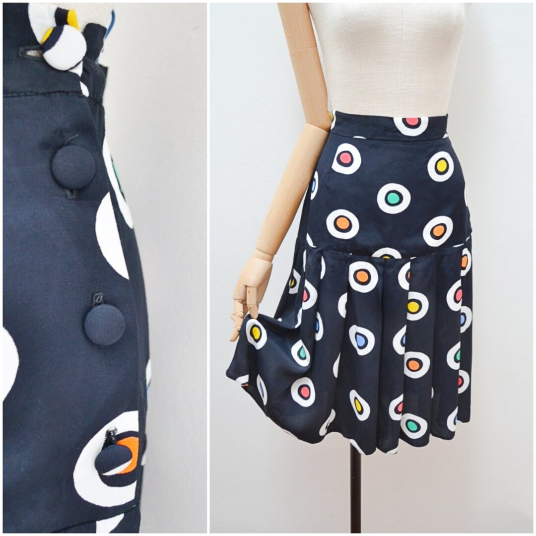 1980s Multicoloured Target Print Skirt, 80s Pleated Drop Waist Midi ...