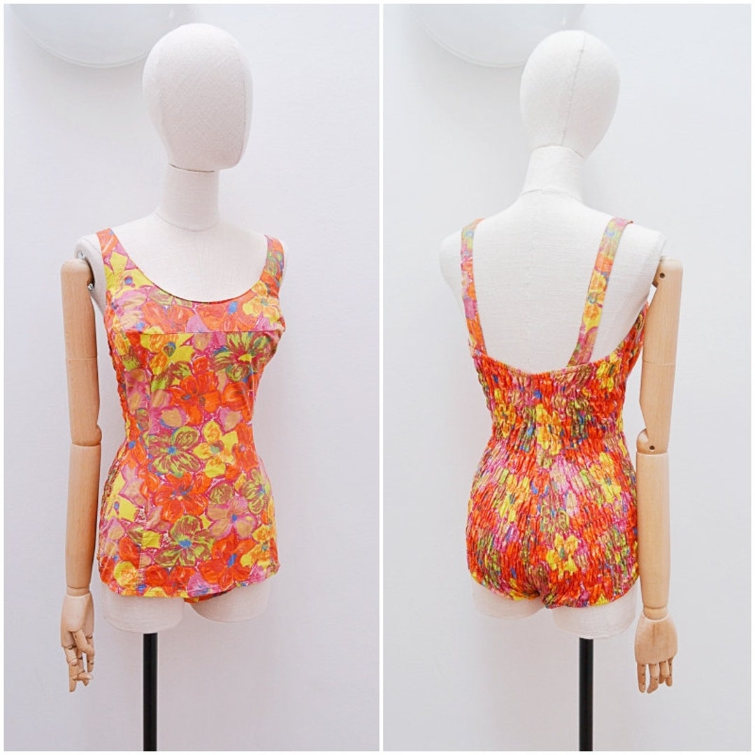 1950s Printed Floral Cotton Swimsuit, 50s Crossover Back Swimming ...