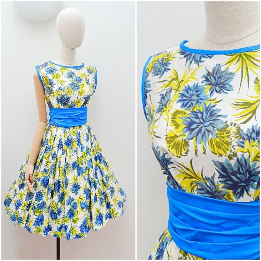1950s Full Skirt Cotton Dress, 50s Flower Print Pleated Sundress ...