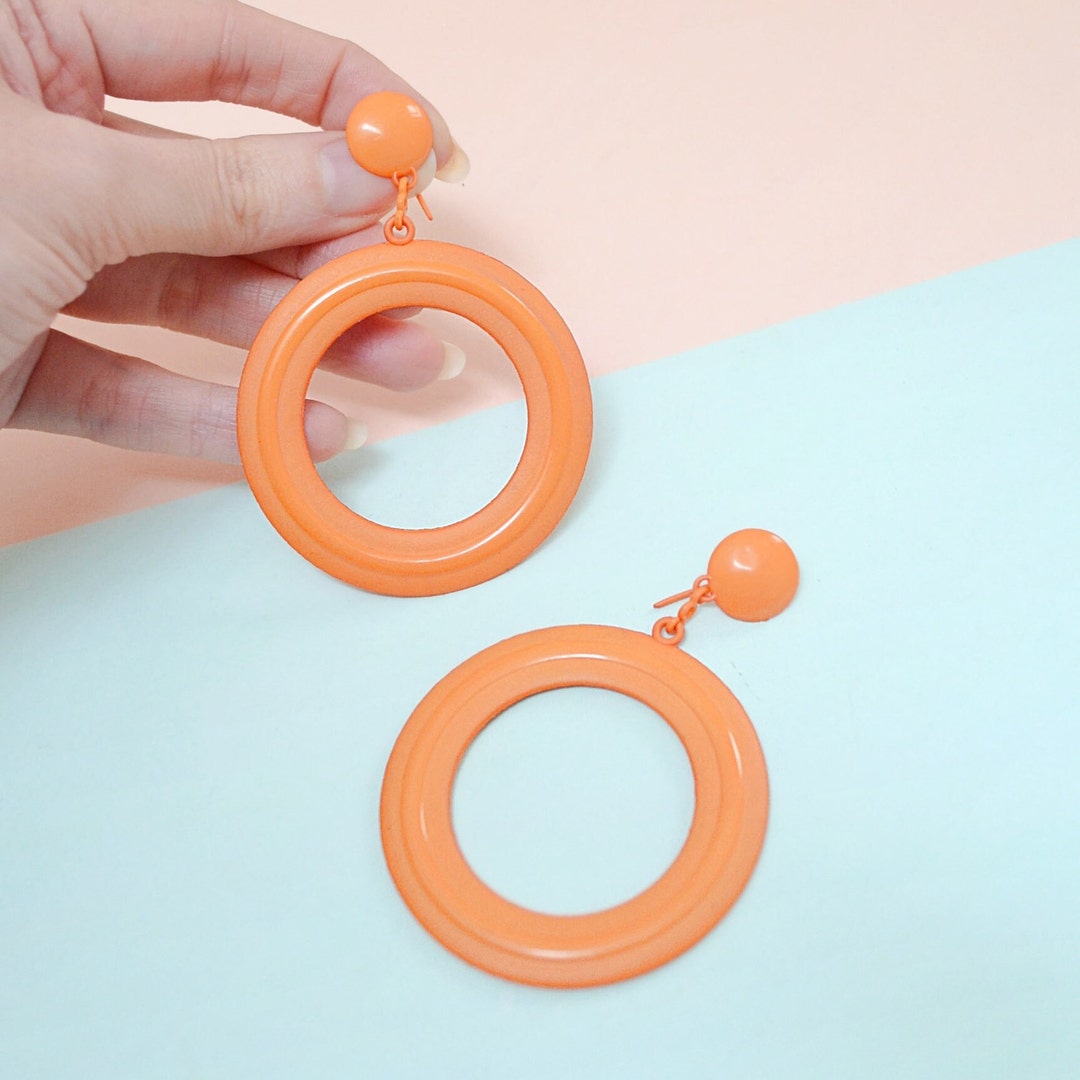 1960s Look Orange Plastic Earrings, 80s Door Knocker Pierced Hoops ...
