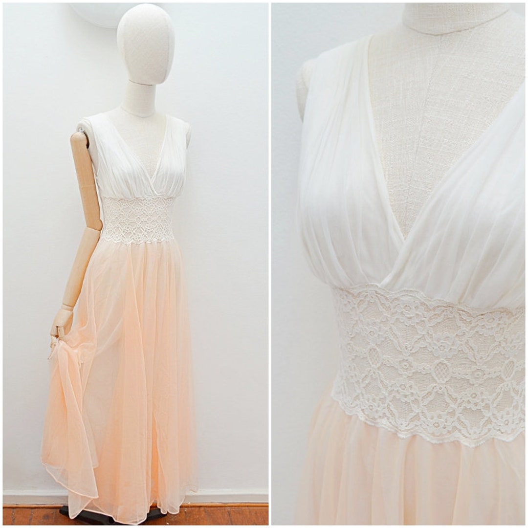1960s Lace Sheer Midriff Nightgown 60s Plunge Neck Pastel Maxi, Full ...