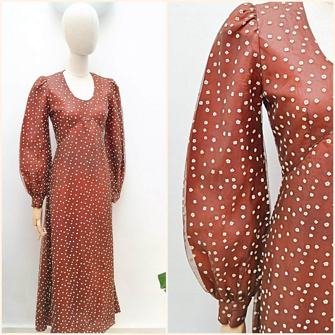 1970s Mesh Overlay Evening Dress, 70s Bishop Sleeve Printed Maxi ...