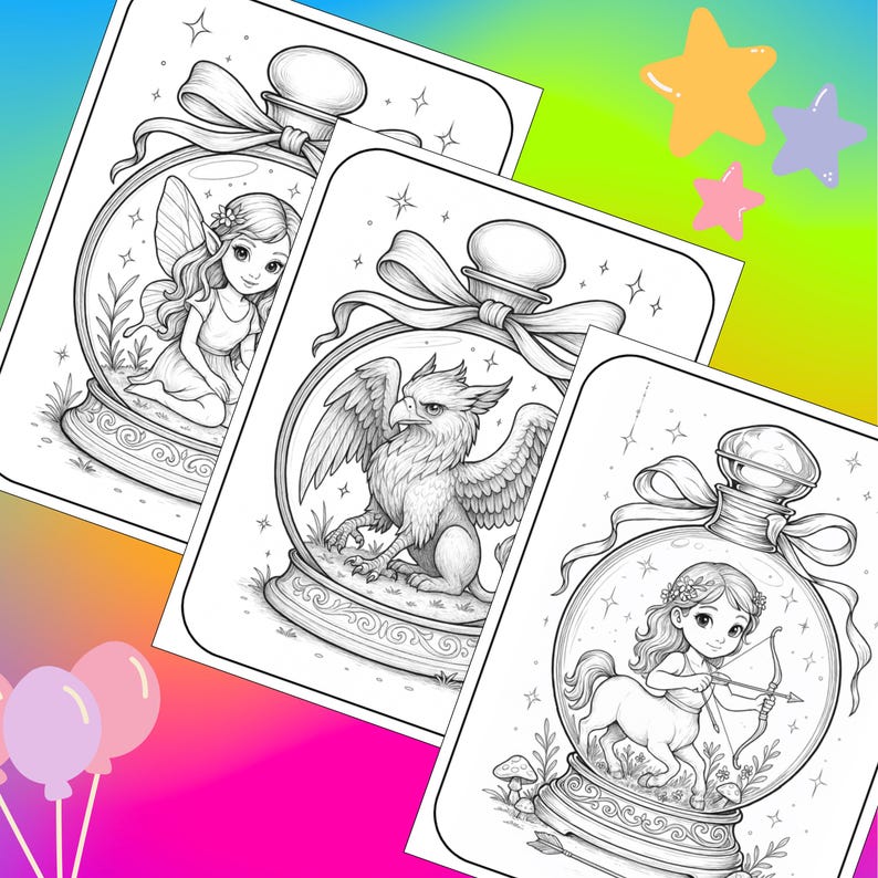 Mythical Creatures in Orbs Colouring Pages – 30 Printable Fantasy Line ...
