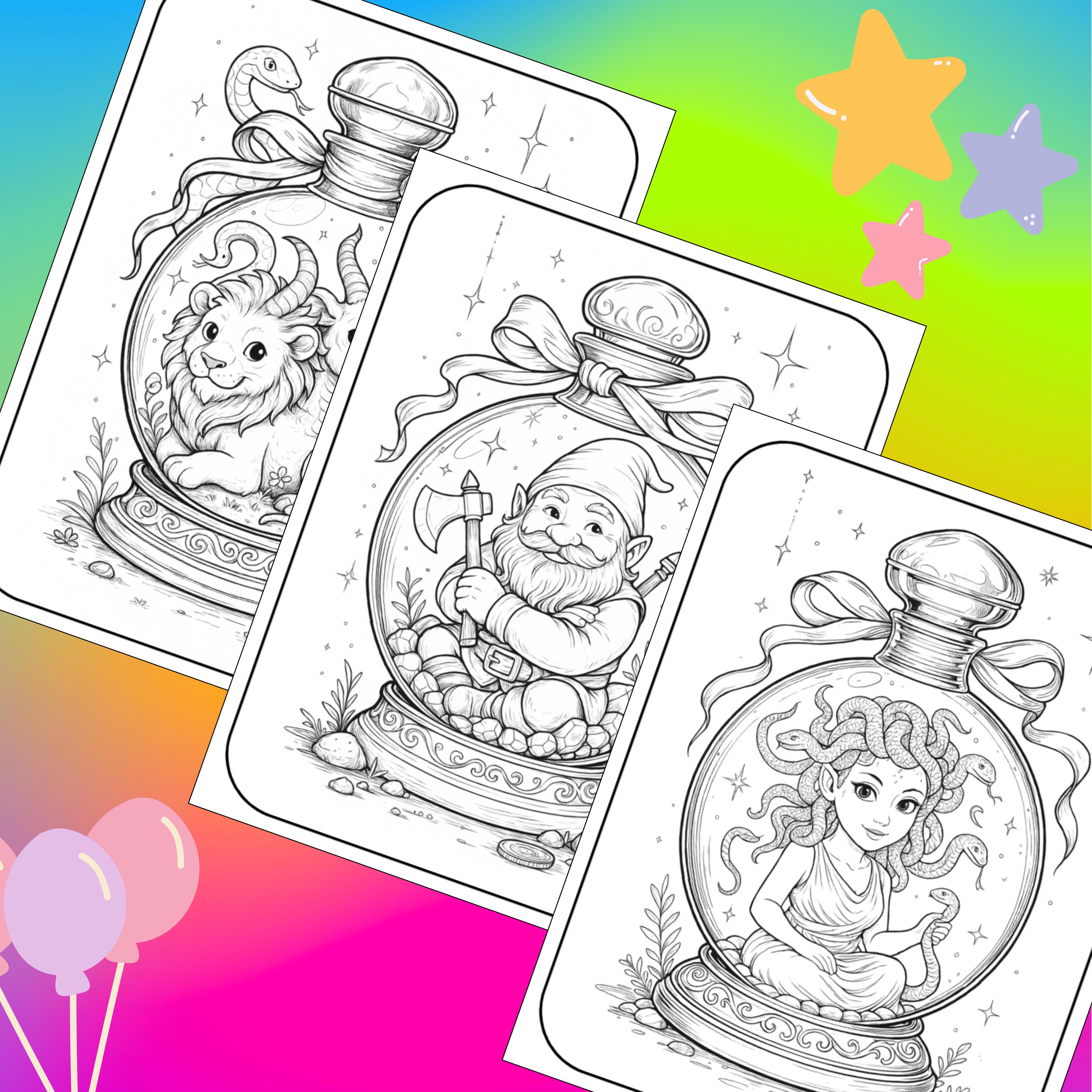 Mythical Creatures in Orbs Colouring Pages – 30 Printable Fantasy Line ...