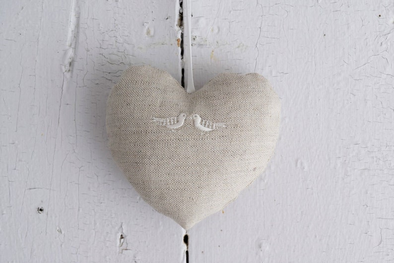 Natural Linen Heart Ornament | Embroidered Birds, Satin Ribbon Door ...