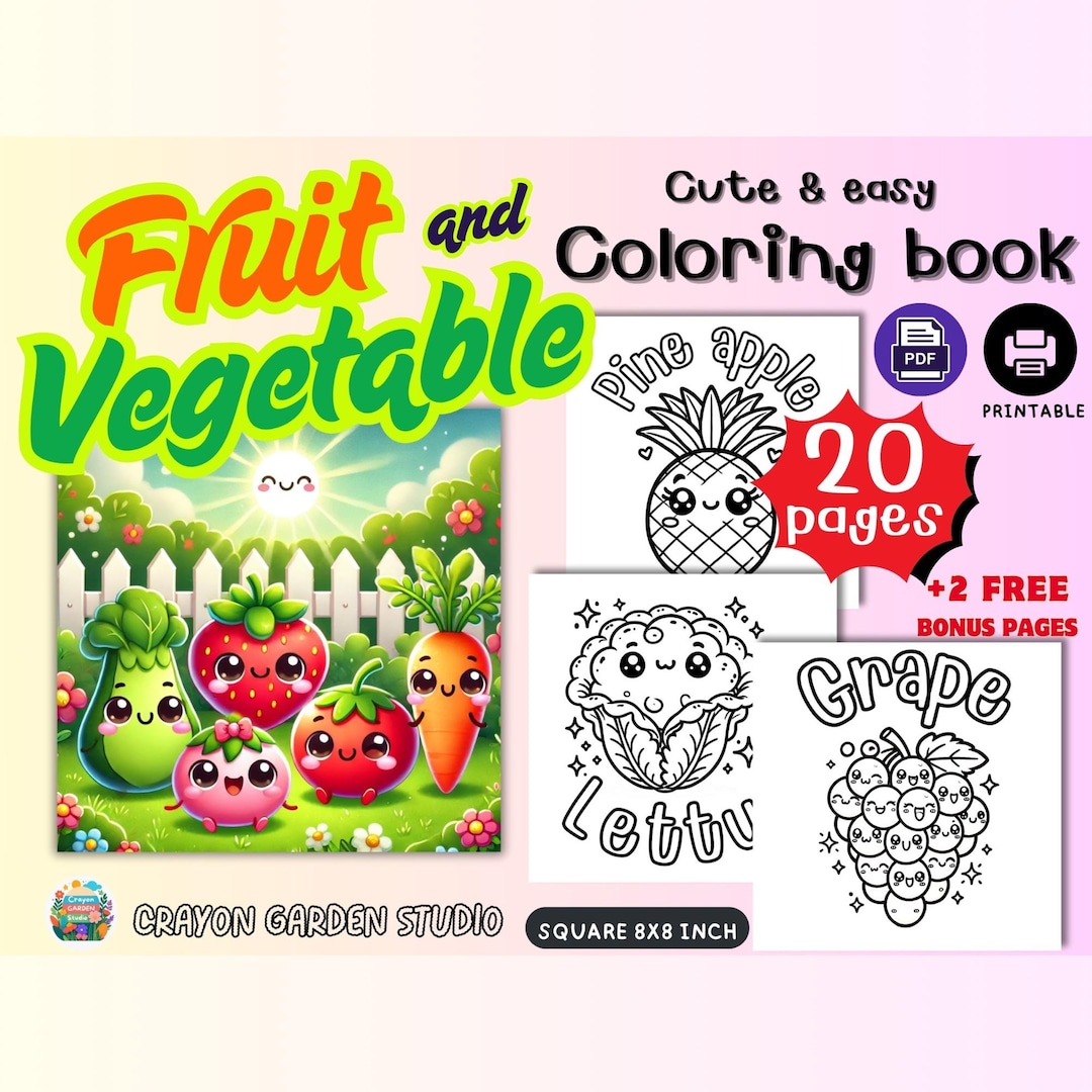 Kawaii Fruit & Vegetable Coloring Book for Kids | 20 Printable Pages ...