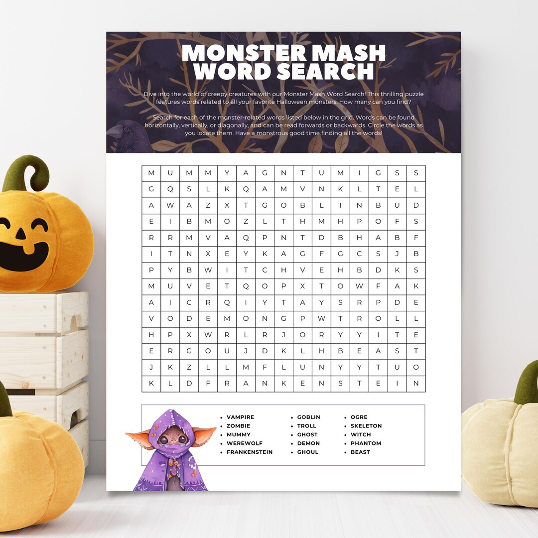 Monster Word Search, Halloween Activity Crossword Printable, PDF ...