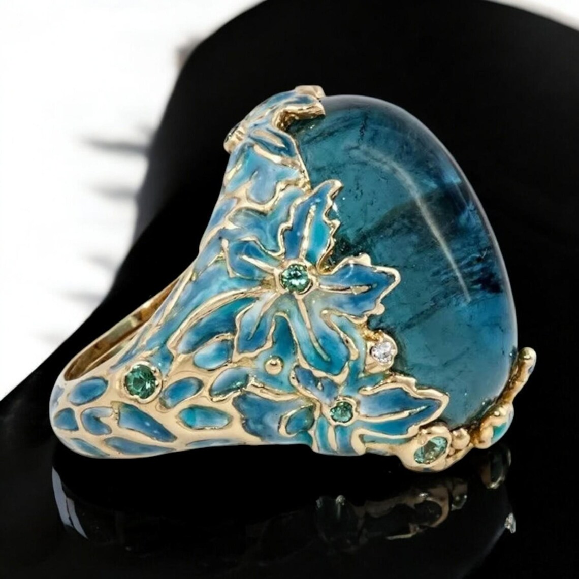 Classic Blue Flower Inlay Statement Ring – Big Stone Adjustable Ring ...
